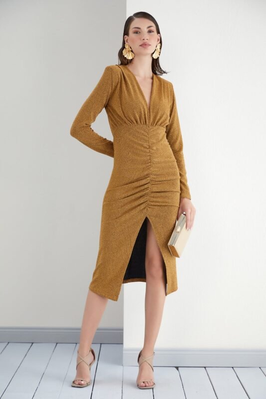 Shimmer Gold Rouge Midi Dress - TopRankBoutique